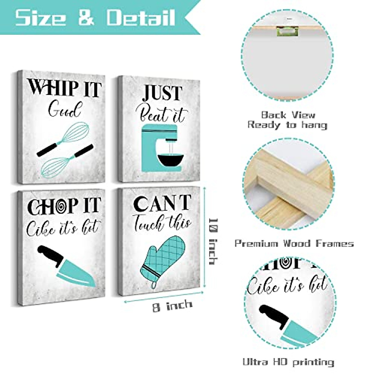 ARTINME Teal Kitchen Quotes Wall Art - Set of 4 Retro Vintage Inspirational Canvas Poster Prints Sign For Dining Room cafe and Restaurant Home Decorations