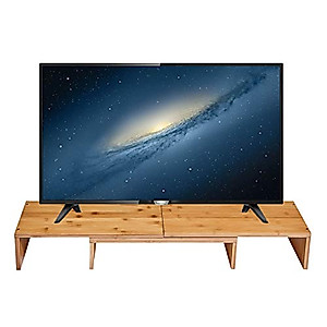 Dual Monitor Stand Riser,3 Shelf Screen Stand with Adjustable Length and Angle,Desktop Stand Storage Organizer for Laptop Computer, TV, PC, Printer, Multi Media Speaker-Bamboo Burlywood by HUVIBE