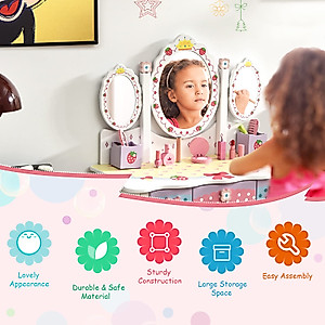 MAT EXPERT Kids Vanity with Stool & Mirror, Pretend Dresser Playset w/Tri-Folding Oval Mirror & 3 Drawers, Toddler Vanity w/Detachable Top, 2 in 1 Princess Makeup Dressing Table w/5 Accessories