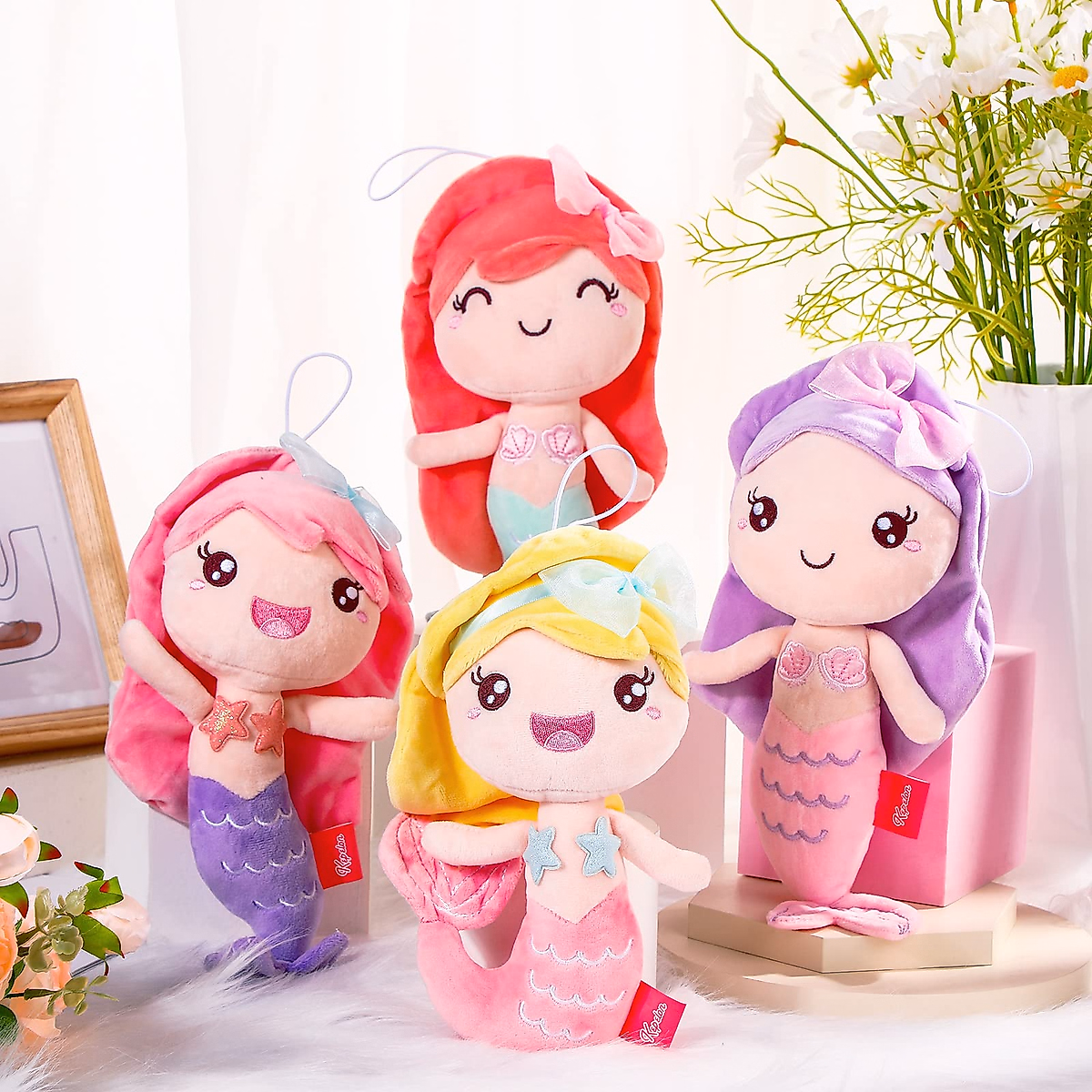 Civaner 4 Pcs 7.8" Mermaid Stuffed Animal Mermaid Plush Toys for Girls Ocean Princess Dolls Mermaid Birthday Decorations for Women(Cute Style)