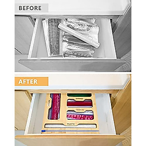 Zgioo Ziplock Bag Storage Organizer for Kitchen Drawer, Storage Bag Organizer with Foil Dispenser, compatible with Quart, Gallon and Snack Bags (1 box 5 slots 1 sliding cutter)
