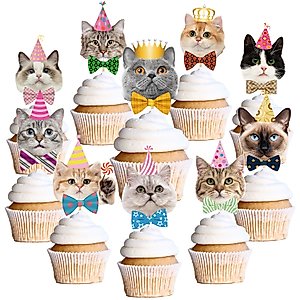 Wxiben Cat Birthday Party Decorations - 40PCS Cat Cupcake Toppers Decor Cute Cat Birthday Cake Decorations Supplies Kitten Pet Cupcake Toppers for Birthday Party Baby Shower Cats Face Cake Toppers