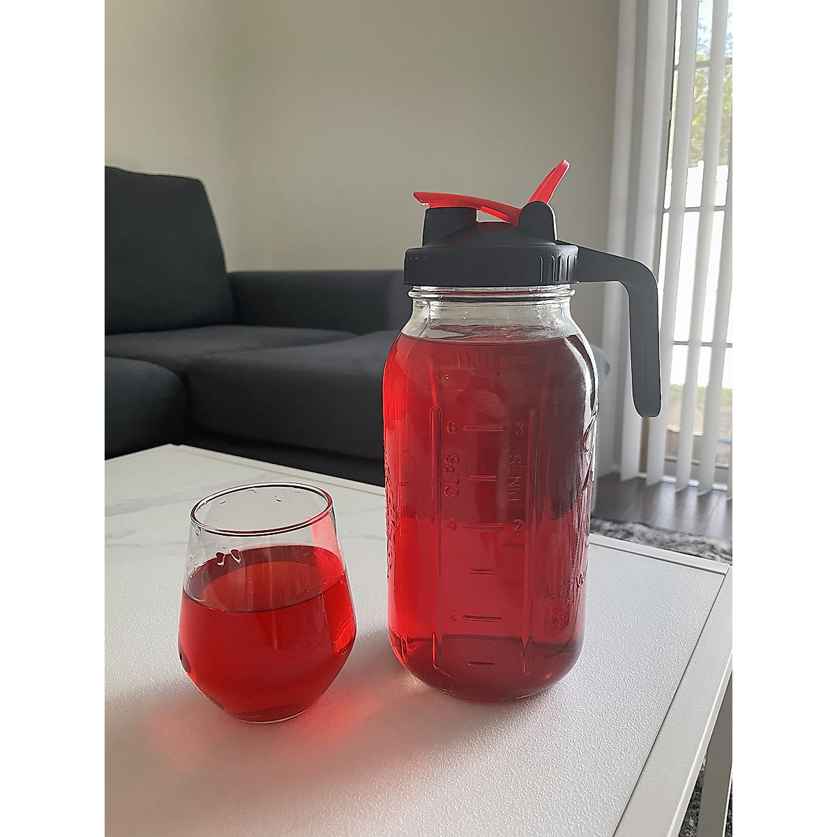 64 OZ Mason Jar Pitcher Wide Mouth 64 oz Mason Jar Pitcher with Airtight Lid and metal lid and band - 2 Quart Pitcher for Iced Tea, Sun Tea, Juice, Coffee (Red)