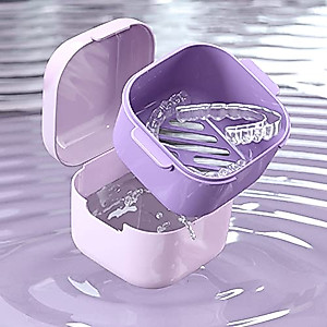 Denture Cup Bath，Portable Denture Case with Strainer Basket，braces False Teeth Storage Box Holder，Retainer case Cleaning，Soak Cup，With braces chewable tablets and Extractor（purple）…