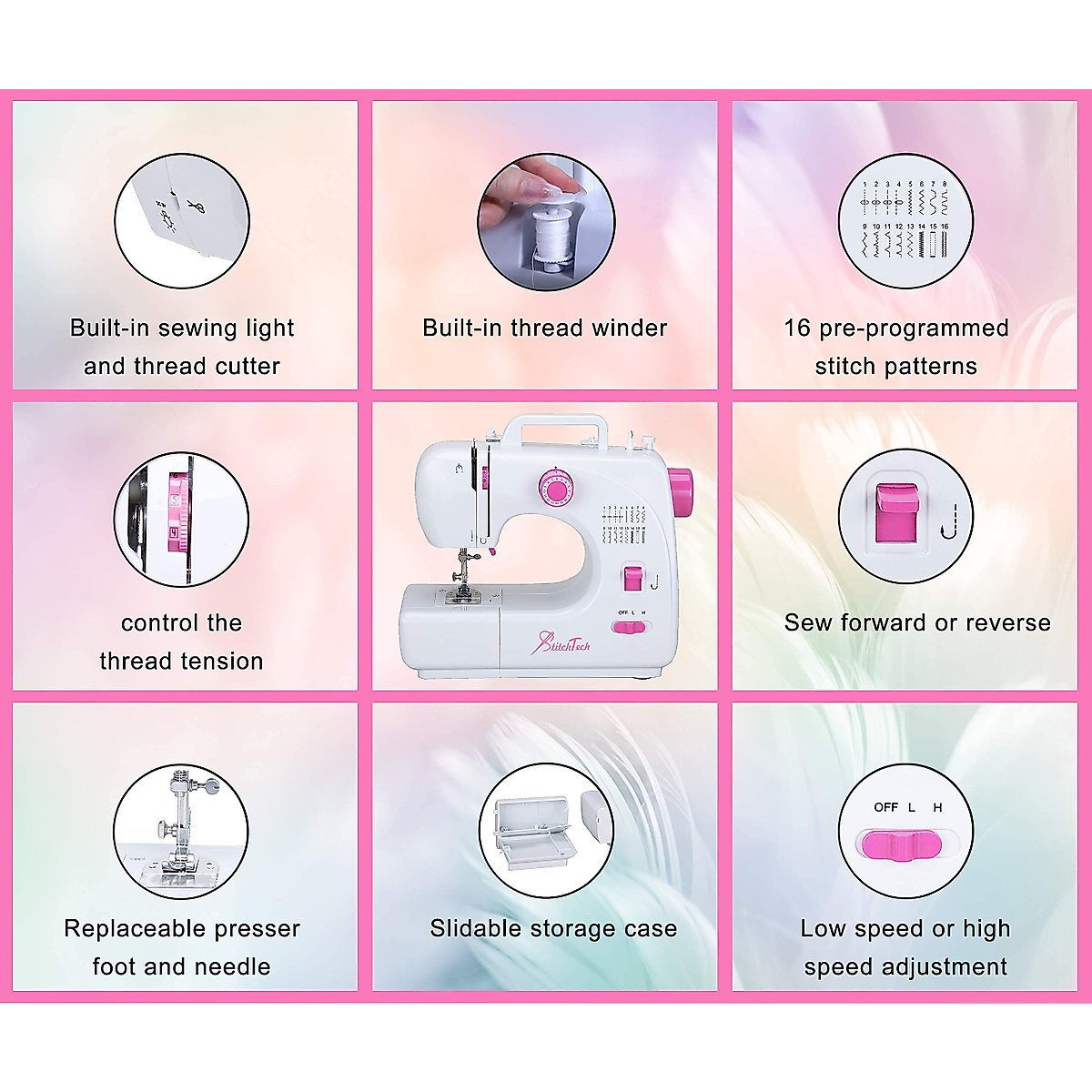 StitchTech Portable Multi-function Home Sewing Machine 16 Built-in Stitches Dual Spread Control Reverse Sewing with LED Light Comes with an Extension Table and 42 PCs Sewing Kit