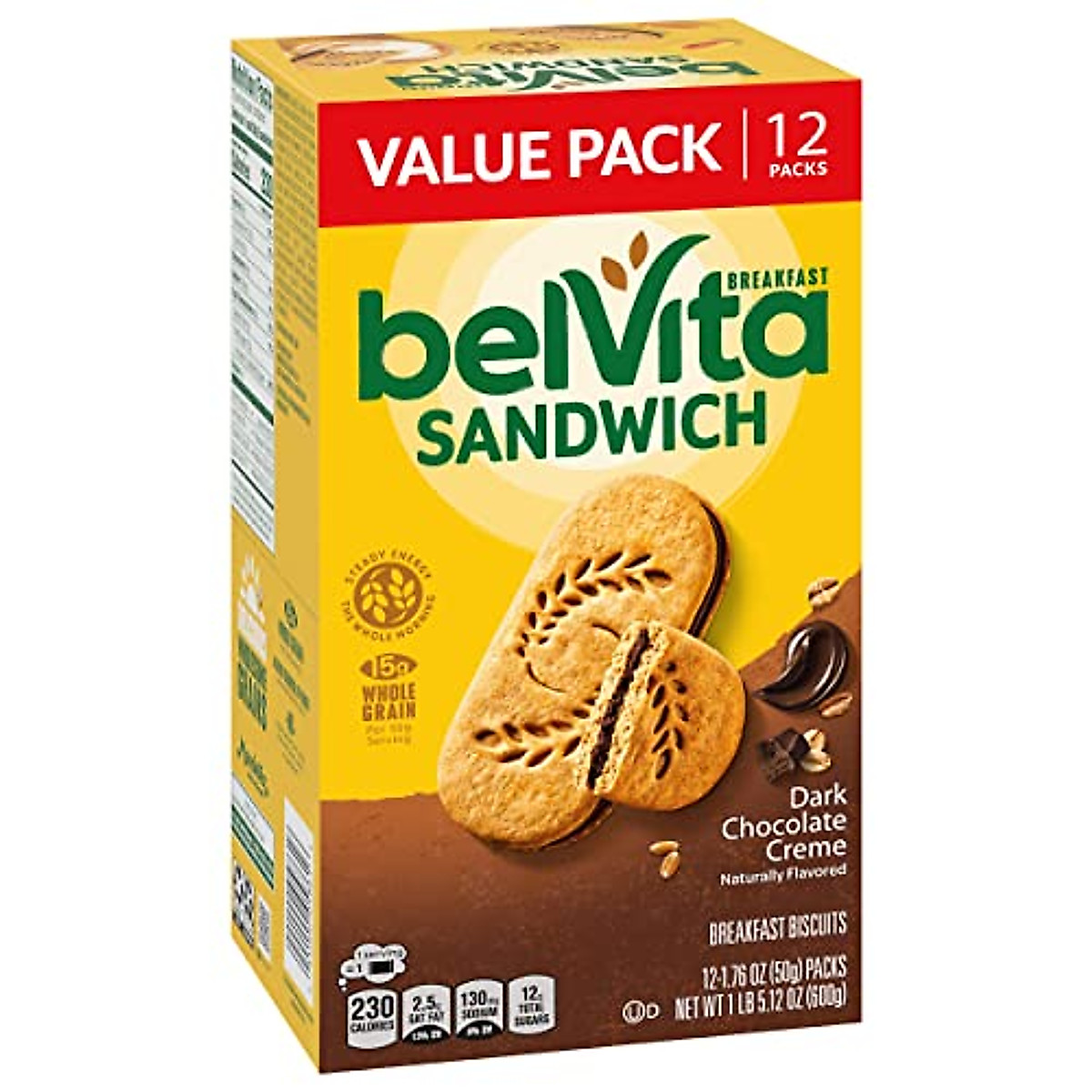 belVita Breakfast Sandwich Dark Chocolate Creme Breakfast Biscuits, Value Pack, 12 Packs (2 Sandwiches Per Pack)