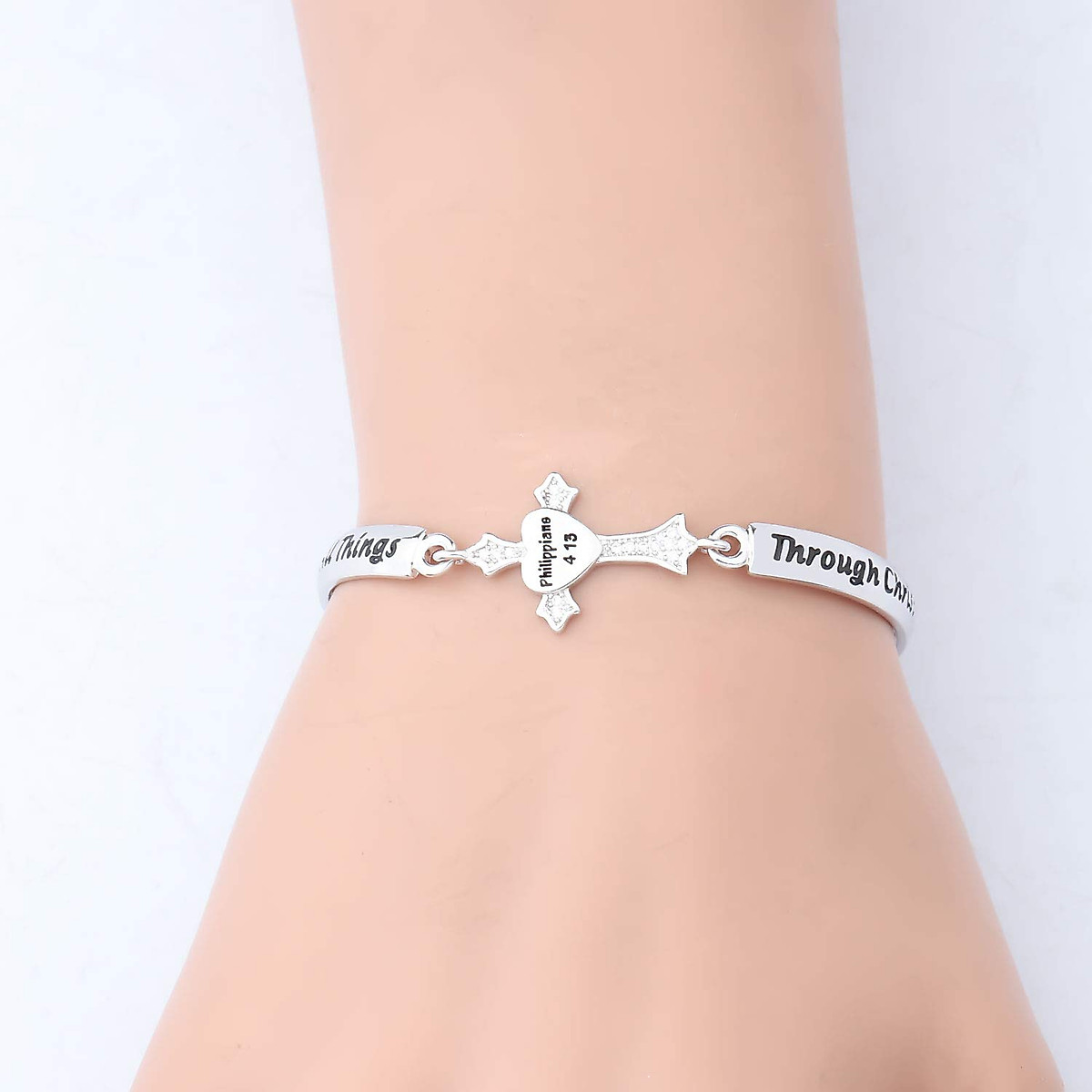 FEELMEM Verse Bible Philippians 4:13 Bracelet I Can Do All Things Through Christ Who Strengthens Me Cross Charm Bracelet Religious Jewelry Christian Gifts For Women (silver)