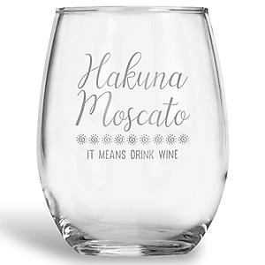 Lion King Inspired Gifts - Hakuna Moscato - 15 oz Stemless Wine Glass - Funny Movie Themed Birthday Present - African Safari - Handmade Artisan Gift