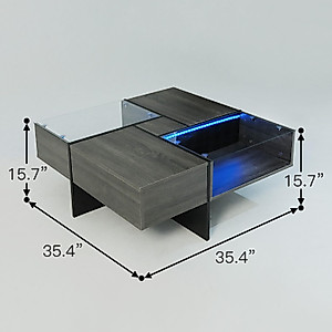 Furnnylane LED Coffee Table with 2 Drawers,Square Coffee Table with Storages for Living Room,Grey,35.4" D x 35.4" W x 15.7" H