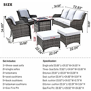 XIZZI Patio Furniture Set Outdoor Conversation Sofa with 30 Inch Square Propane Fire Pit Table All Weather PE Rattan Wicker High Back Outside Couch for Deck and Backyard,Grey Wicker Grey Cushion
