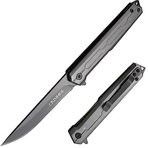 Carimee Pocket Folding Knife, Slim EDC Gentlemen Knife for men with 7Cr17Mov Steel Blade, Stainless Steel Handle, Pocket Clip, Glass Breaker, For Outdoor Acitivity, 2023 Gifts for Men Women, Grey