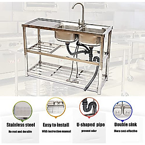 Commercial Restaurant Sink,304 Stainless Steel Utility Sink Kitchen Bowl Sink,with Double Storage Shelves&Drainer Unit Faucet Combo with Strainer (Double Bowl)
