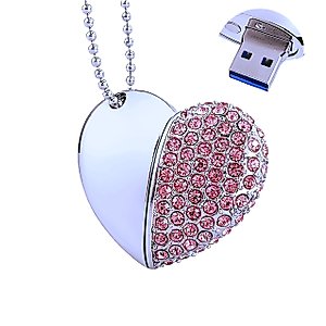 EcooDisk 64GB USB 3.0 Flash Drive Diamond Heart with Necklace Memory Stick High Speed Data Storage Pink