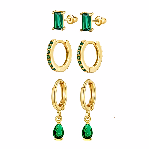 Gold Huggie Earrings for Women Emerald Green Earrings 14k Gold Cartilage Tiny Small Gold Hoop Earrings Emerald Drop Stud Earring Set Women