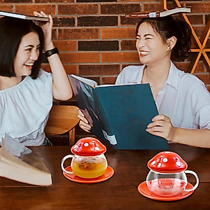 BINBE Cute Mushroom Cup,Heat Resistant Glass Tea Cup with Lid & Filter Infuser &Tray Kawaii Gifts Mushroom Mug for Coffee,Loose Leaf Tea,Milk (Orange)