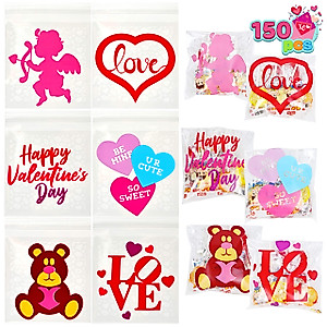 JOYIN 150 Pcs Valentine Cellophane Gift Bags Square Cellophane Candy Bags Valentine Goodies Bags in 6 Designs for Kids Valentine's Day Party Favor Supplies