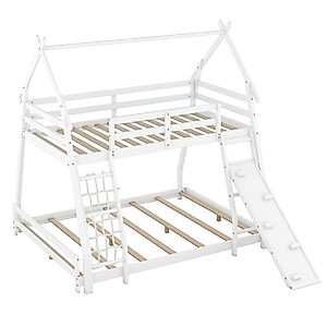 Harper & Bright Designs Twin Over Queen Bunk Bed with Climbing Nets and Climbing Ramp,Wooden Playhouse Bunk Beds for Kids,Girls & Boys,No Box Spring Needed, White