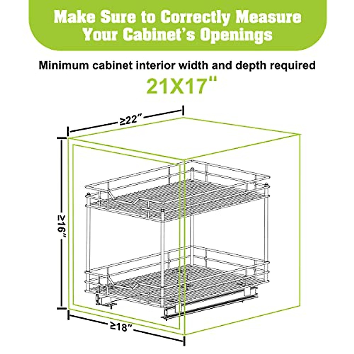 BONADOM 2 Tier Pull Out Cabinet Organizer(21''Dx17''W) Heavy Duty Slide Out Drawers for Kitchen Cabinets Storage Roll Out Shelf Rack Storage for Pots, Pans, PullOut Cupboard Organizer