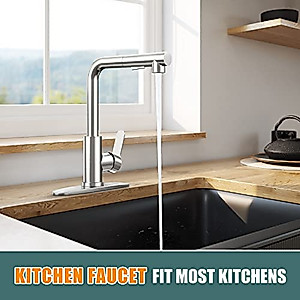 Kitchen Faucets, Brushed Nickel Kitchen Faucet with Pull Down Sprayer and Deck Plate, Stainless Steel Commercial Utility Kitchen Faucets for Sink 3 Hole for Bar Rv Camper Laundry Outdoor Farmhouse