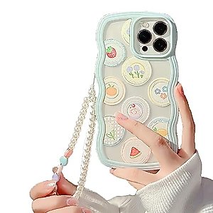 LOLAGIGI for iPhone 13 Pro Case Blue Cute Cartoon Print Curly Wave Frame Shape Kawaii Y2K Girly Design Aesthetic for Women Girls Case with Lovely Heart Charm Peal Lanyard Beaded Accessories