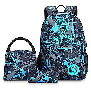 Pawsky School Backpack for Boys, 14 Inch Laptop Backpack with USB Charging Port, Lightweight Water Resistant Bookbag Daypack Lunch Bag & Pencil Case, Blue