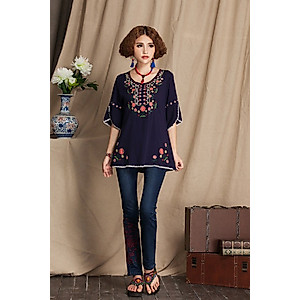 Ashir Aley Bell Sleeve Womens Girls Embroidered Cotton Peasant Tops Mexican Bohemian Shirts Blouses (L,Navy Blue)