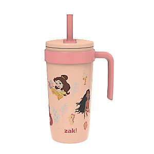 Zak Designs Disney Princess Fairway Travel Tumbler for Home or On the Go, 18oz Stainless Steel with Vacuum Insulation, Spillproof Straw, and Handle (Ariel, Belle, Cinderella, Jasmine, Moana, Tiana)