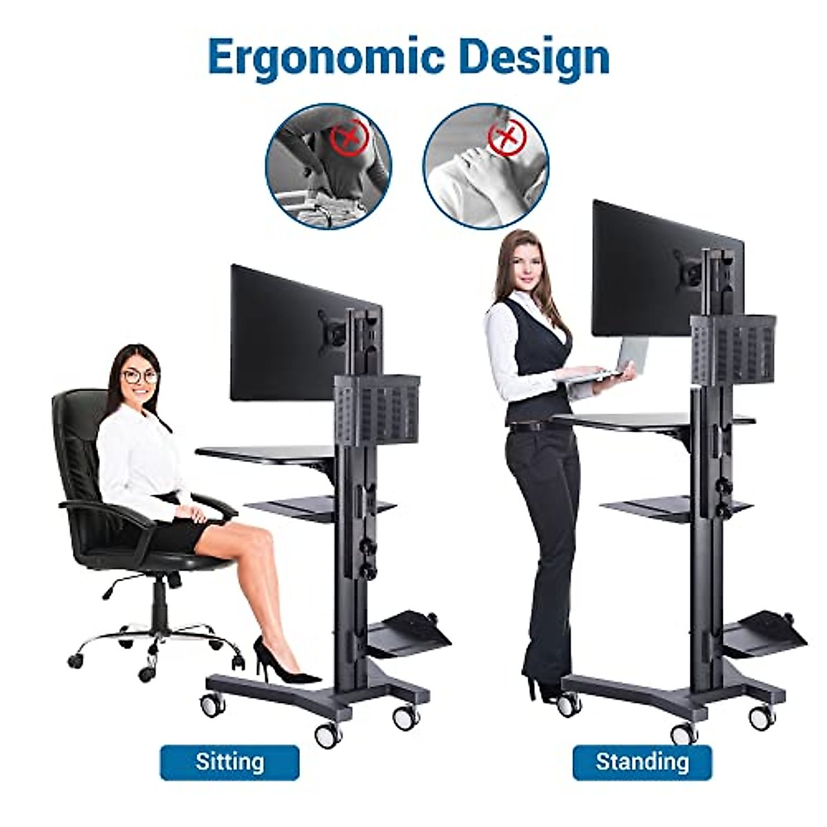 AW Rolling Computer Cart Adjustable Mobile PC Standing Workstation with Monitor Mount Keyboard Tray Printer CPU Holder Wheels for Shop Home Office Black