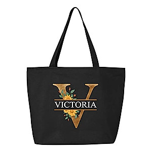 Customized Initial Zippered Canvas Bag, Personalized Floral Initial Tote, Custom Tote, Shopper Tote, Bridesmaid Gift, Wedding Gift Bag, Letter Zippered Canvas Bag (20"W x 15"H x 5"D, Black)