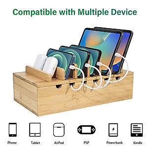 LEOKKARR Bamboo Charging Station for Multiple Devices, Upgrade Desk Docking Stations Organizer for Apple Devices, Wood Charging Cell Phone Holder Stand (Includes 6 Cables) (NO Power Supply)