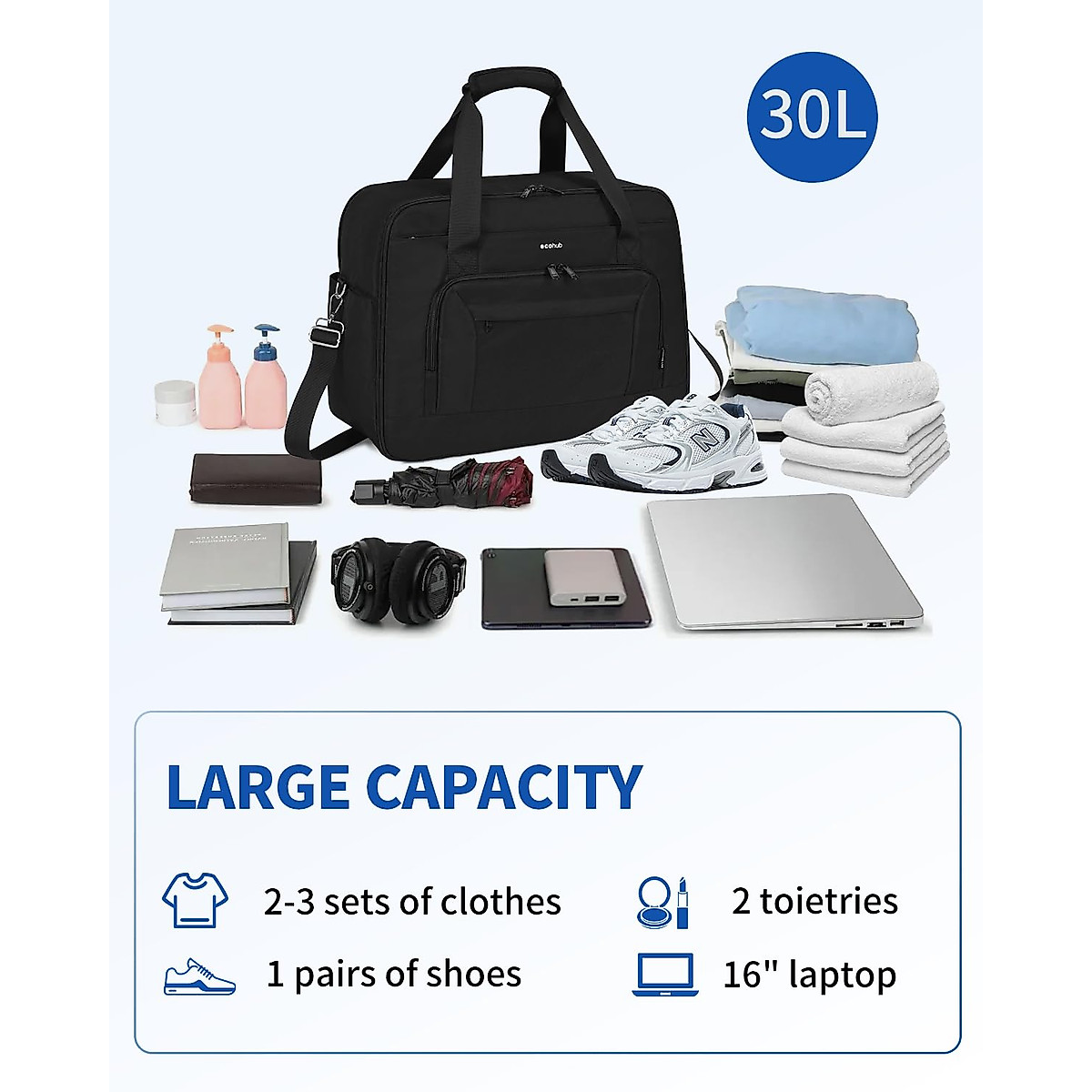 ECOHUB For Spirit Airlines Personal Item Travel Bag 18x14x8 Underseat Carry On Bag Water Resistant Duffel Bag Weekend Bag With Laptop Sleeve & Wet Pocket, Overnight for Men, 30L, Black