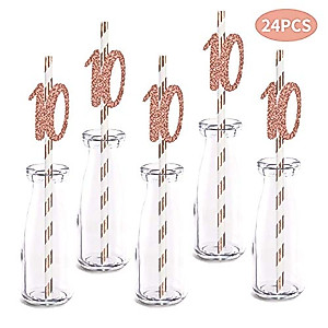Rose Happy 10th Birthday Straw Decor, Rose Gold Glitter 24pcs Cut-Out Number 10 Party Drinking Decorative Straws, Supplies