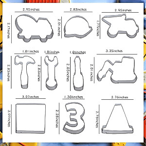 Fangleland Construction Cookie Cutter Stainless Steel 10 Pack with Dump Truck Tractor Cement Mixer Hammer Spanner Fondant Dough Biscuit Mold for 3rd Birthday Party Supplies