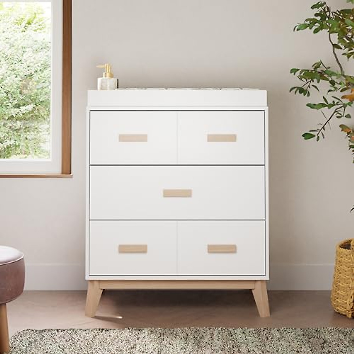 Babyletto Scoot 3-Drawer Changer Dresser with Removable Changing Tray in White and Washed Natural, Greenguard Gold Certified