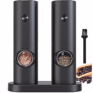 COKUNST Electric Pepper and Salt Grinder Set, Battery Powered Adjustable 5 Levels of Coarseness Black Pepper Grinder Mill with Stand, Automatic Grinding with LED Light for BBQ Resturant Kitchen