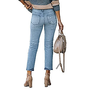 Lesore Womens High Waist Washed Raw Hem Boyfriend Ripped Distressed Destroyed Straight Leg Cropped Jeans Denim Pants Pockets Blue 29
