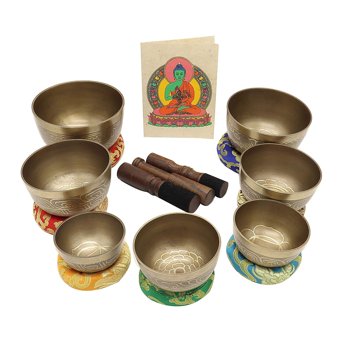 Singing Bowl Set of 7, Thadobati Design Himalayan Sound Bowl, Handcrafted, Hand hammered, Comes w/silk cushions, 3 sticks, Buddhist card, Brocade Box Ideal for Meditation, Yoga, Mindfulness Healing