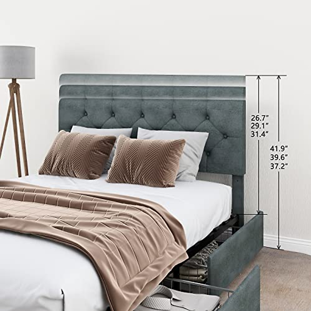 Wancla Queen Upholstered Platform Bed Frame with 4 Storage Drawers/Adjustable Button Tufted Headboard/No Box Spring Neeed/Wood Slat Support/Easy Assembly/Dark Grey, Leathaire