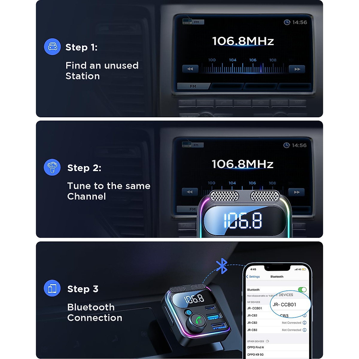 JOYROOM Bluetooth 5.3 FM Transmitter Car Adapter, [Stronger Dual Mics & HiFi Deep Bass Sound], 48W PD&QC3.0 USB C Car Charger Cigarette Lighter Adapter, Hands-Free Calling Radio Stereo Receiver