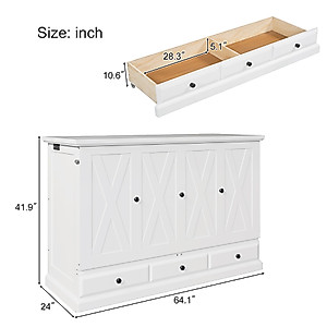 MERITLINE Queen Murphy Bed with Storage Drawer and Charging Station,Pine Wood White Murphy Bed Cabinet Folding Murphy Chest Bed Queen Size Adults Murphy Bed Unit