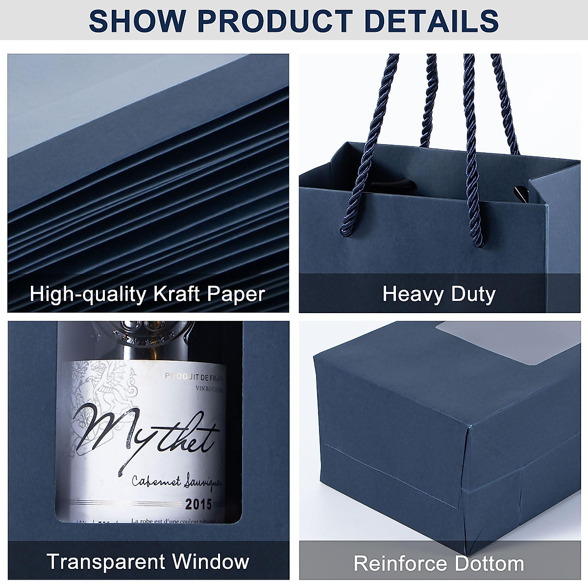 Umoonfine Wine Gift Bags,36 Pack 5 x 14 x 3 Inches Navy Blue Wine Gift Bags Kraft Paper with Rope Handles and Clear Windows for Wine Bottle，Wedding, Birthday, Christmas, Travel,Party