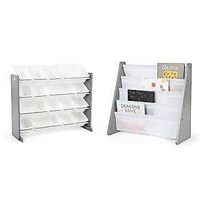 Humble Crew Supersized Wood Toy Storage Organizer, Extra Large, Grey/White & Crew Kids Book Rack Storage Bookshelf, Grey/White
