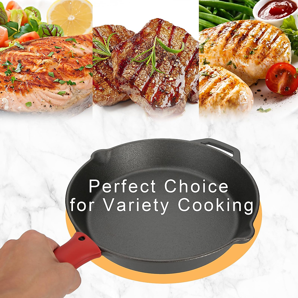 GreatChef Cast Iron Skillet, 10.25 Inch Pre-Seasoned Frying Pan with Silicone Hot Handle Holder - Versatile for Oven, All Stovetop, Grill, Campfire - Searing, Sautéing, Broiling, Frying