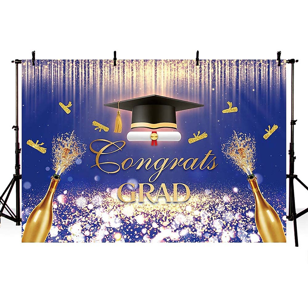 AIBIIN 7x5ft Congrats Grad Backdrop Blue Gold Glitter Graduation Party Decorations Class of 2023 Congratulate Graduation Prom Party Banner Photo Booth Props