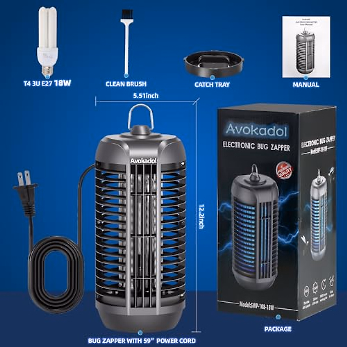 Avokadol Bug Zapper Outdoor Indoor, 18W Bulb Mosquito Zapper with 6.5 FT Power Cord, 4200V High Powered Fly Trap Indoor for Home, Mosquito Trap Cover 2100 SQ.FT. -Ideal for Backyard, Garden, Patio.