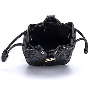 Olivia Miller Women's Fashion Jade Flower Embroidered Faux PU Leather Bucket Black Crossbody Bag w Adjustable Strap Everyday Small Evening Casual Work Purse Handbag
