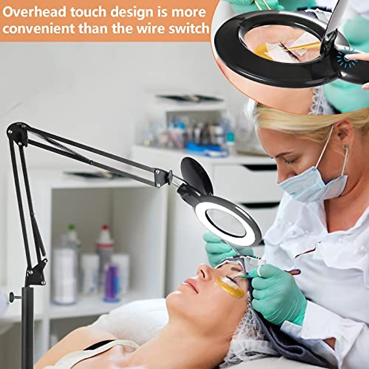 (New Upgrade) 10X Magnifying Floor Lamp with Clamp and 4 Wheel Rolling Base, HITTI 2200 LM LED 3 Color Dimmable Magnifying Glass with Light, Adjustable Arm Lighted Magnifier for Craft, Esthetican