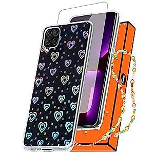 Shorogyt Holographic Heart Case for Samsung Galaxy A12 5G/4G 6.5 inch Cute Clear Love Hearts Cases Glitter Laser Bling Women Girls Aesthetic Design Cover+Screen+Chain for A 12 6.5”(3in1)