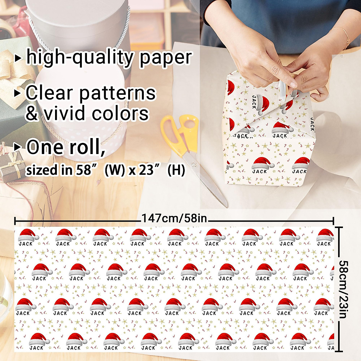 YESCUSTOM Personalized Name Wrapping Paper, 58"x23" Custom Christmas Wrapping Paper Rolls with Santa Hat candy cane, Christmas Gift Wrap for Him Her Boys Girls Mom Dad