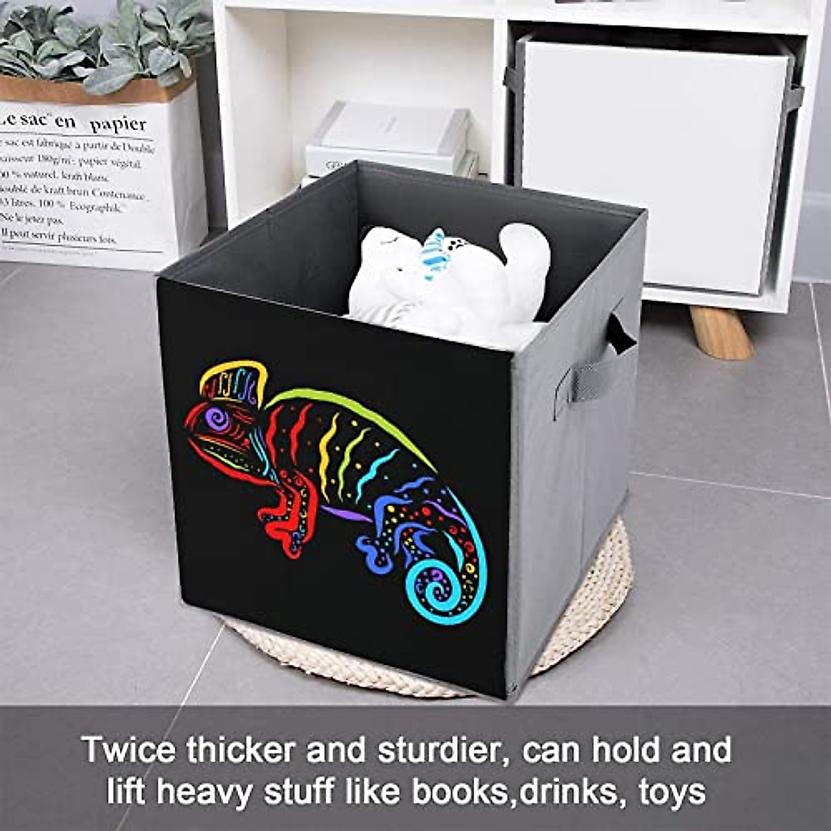 Glow Colored Chameleon Canvas Collapsible Storage Bins Cube Organizer Baskets with Handles for Home Office Car